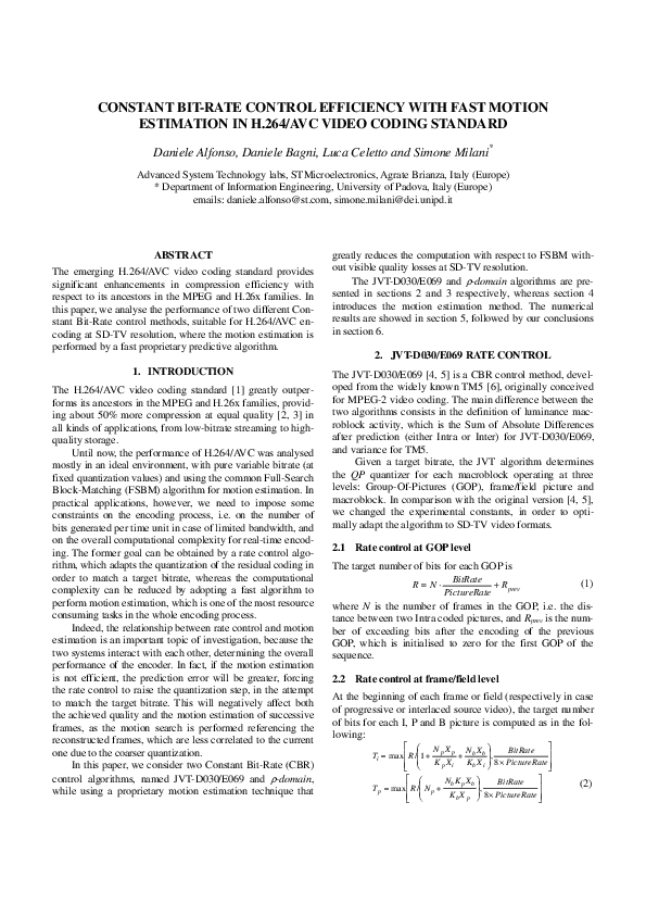 Pdf Constant Bit Rate Control Efficiency With Fast Motion Estimation In H 264 Avc Video Coding