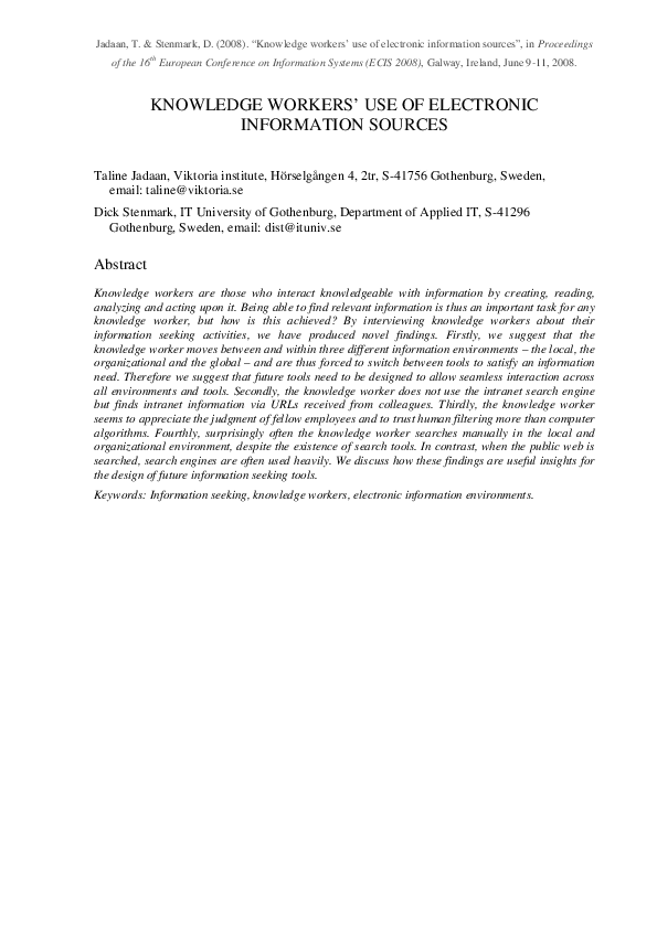 (PDF) Knowledge Workers' Use of Electronic Information Sources
