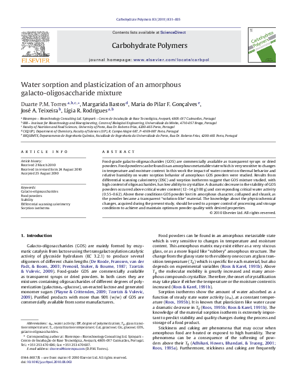 Water sorption and plasticization of an amorphous galacto ...