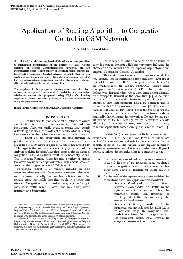 Pdf Application Of Routing Algorithm To Congestion Control In Gsm Network