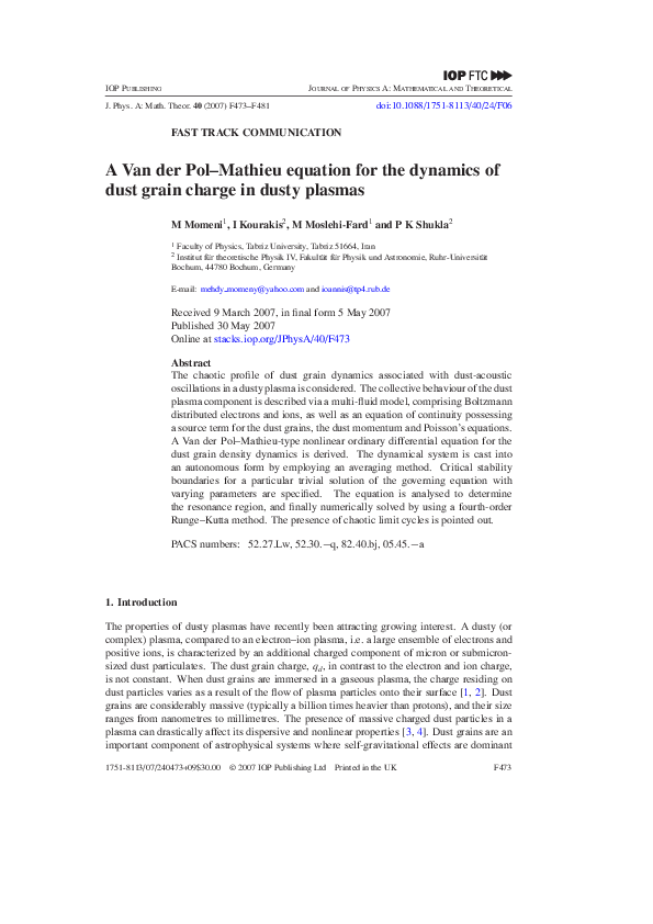 (PDF) FAST TRACK COMMUNICATION: A Van der Pol Mathieu equation for the dynamics of dust grain ...