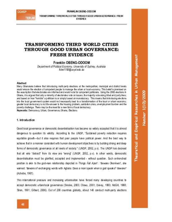 (PDF) TRANSFORMING THIRD WORLD CITIES THROUGH GOOD URBAN GOVERNANCE ...