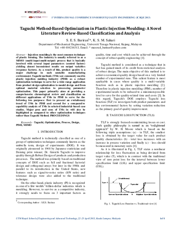 Pdf Taguchi Method Based Optimization In Plastic Injection Moulding A Novel Literature Review