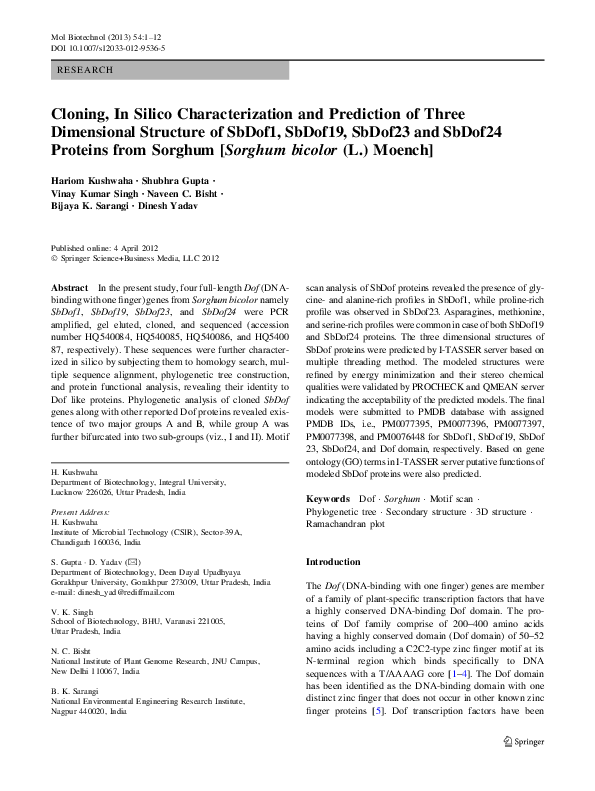 (PDF) Cloning, In Silico Characterization and Prediction of Three10
