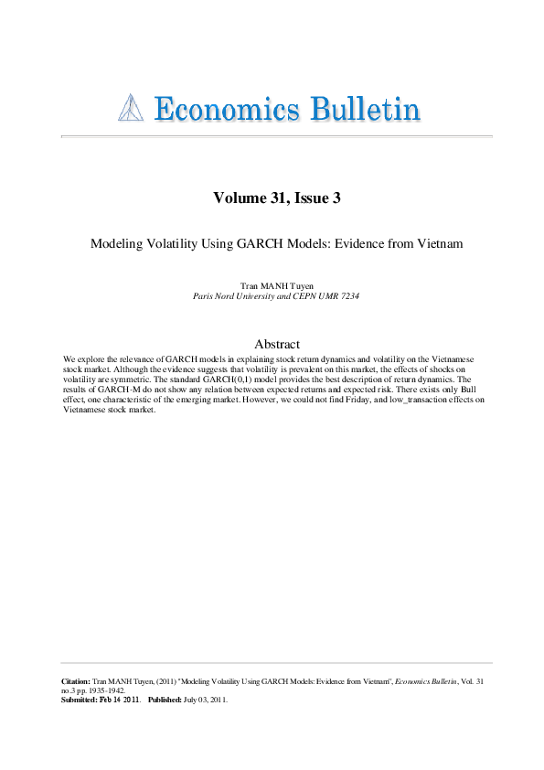 Pdf Modeling Volatility Using Garch Models Evidence From Vietnam