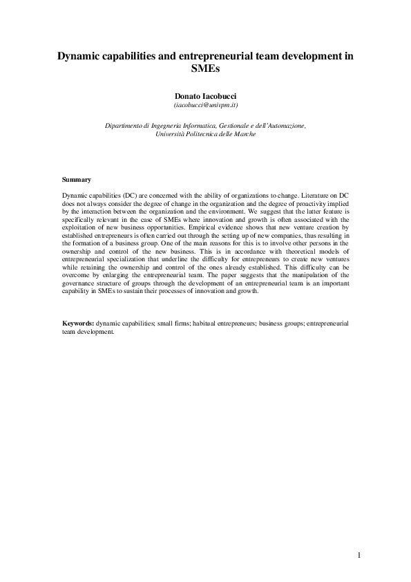 Pdf Dynamic Capabilities And Entrepreneurial Team Development In Smes