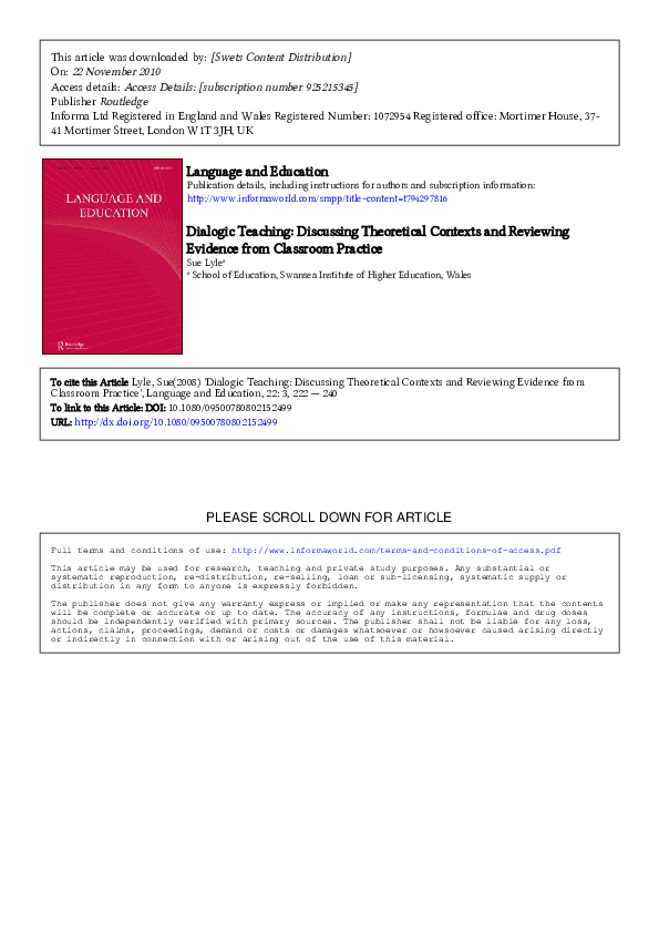 (PDF) Dialogic Teaching: Discussing Theoretical Contexts and Reviewing Evidence from Classroom ...