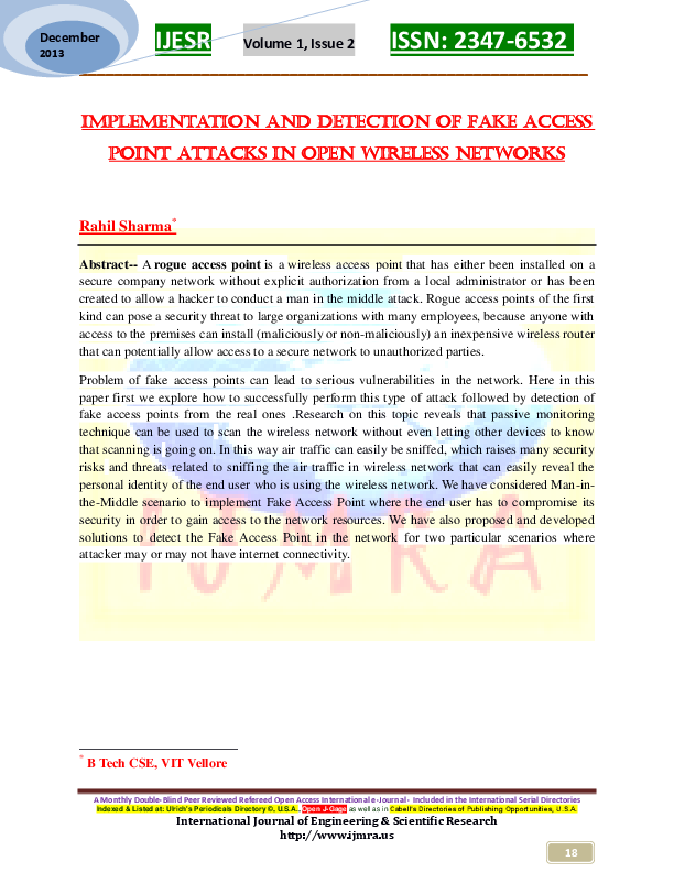 (PDF) Implementation / Detection of Fake Access Points in Open Wireless Networks