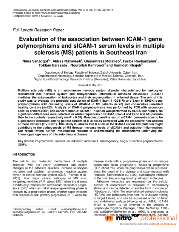 (PDF) Evaluation of the association between ICAM-1 gene polymorphisms ...