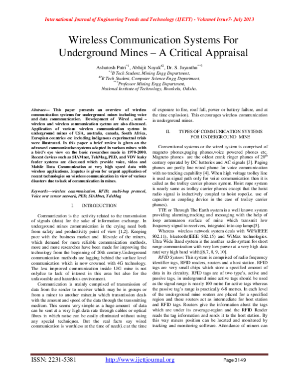 (PDF) Wireless Communication Systems For Underground Mines – A Critical ...