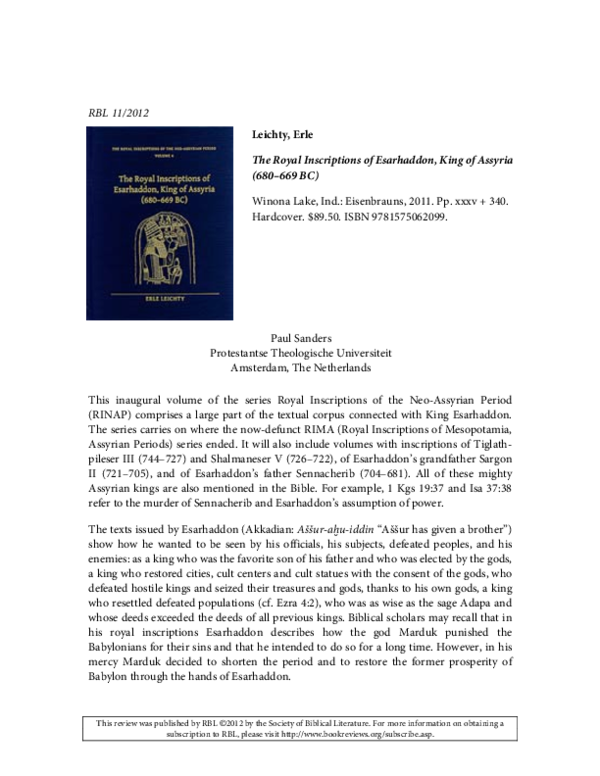 (PDF) Review of: Erle Leichty, The Royal Inscriptions of Esarhaddon ...