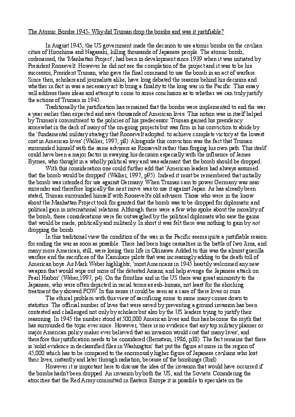 (DOC) The Justifications of Truman in regards to the Atomic Bombs