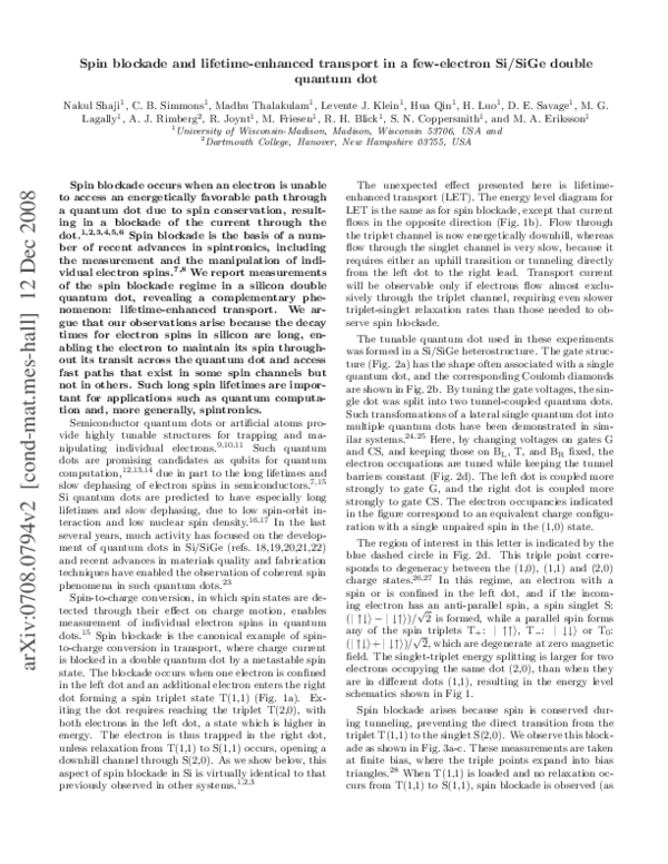 (PDF) Spin blockade and lifetime-enhanced transport in a few-electron ...