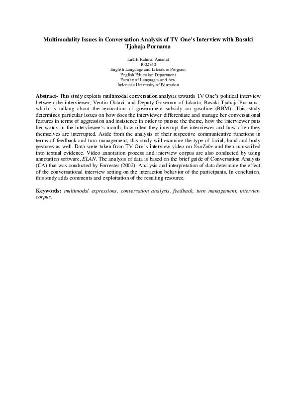 (DOC) Multimodality Issues in Conversation Analysis of TV One