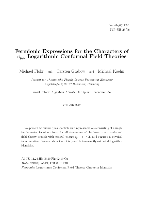 (PDF) Fermionic expressions for the characters of c p , 1 logarithmic conformal field theories