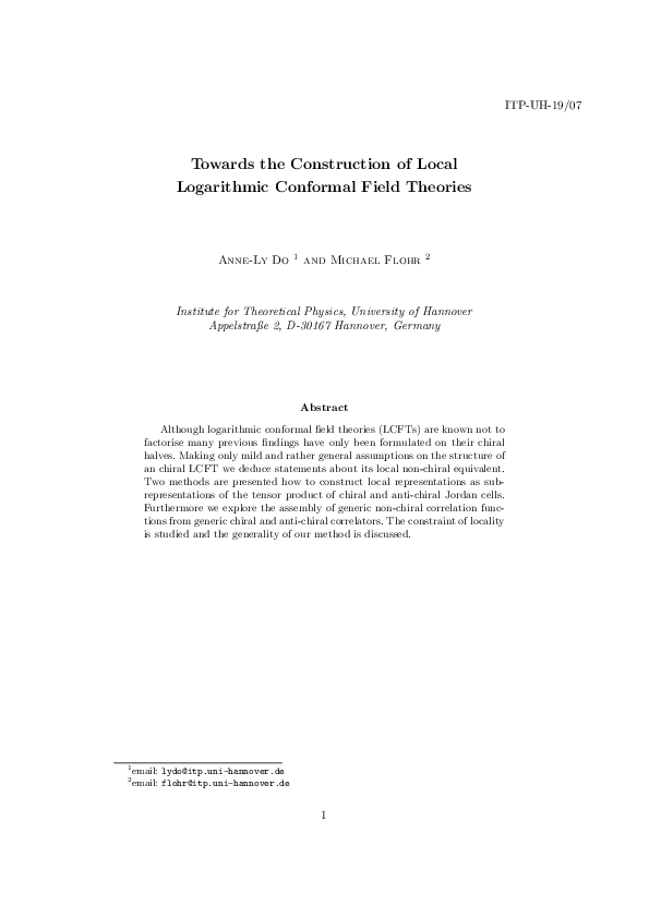 (PDF) Towards the construction of local logarithmic conformal field theories