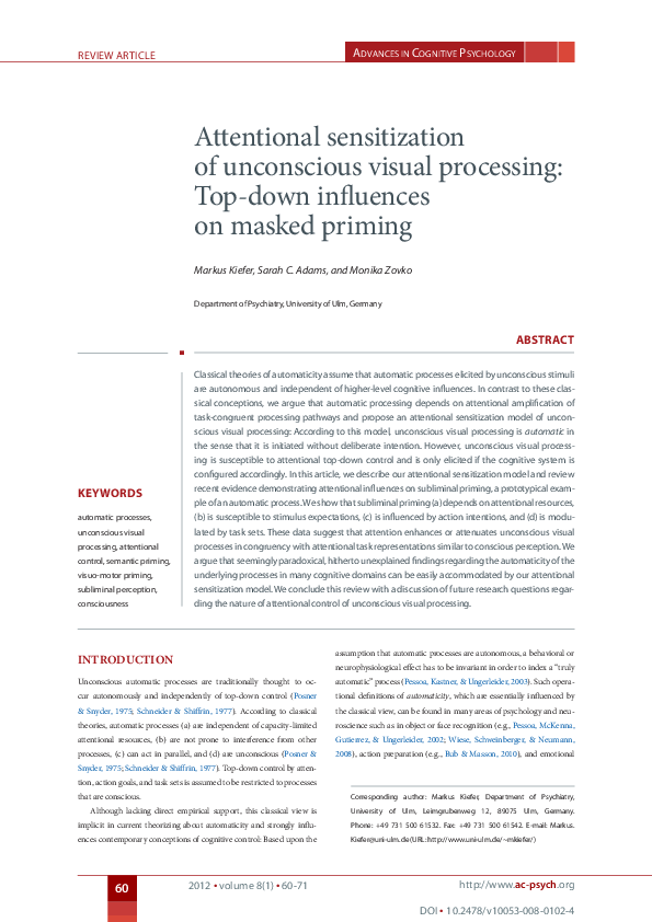 Attentional sensitization of unconscious visual processing: Top-down ...