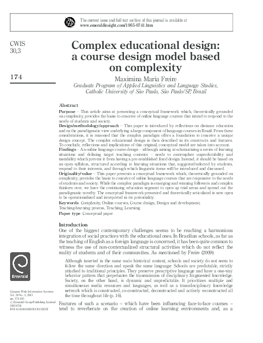 (PDF) Complex educacional design: A coursed design model based on ...