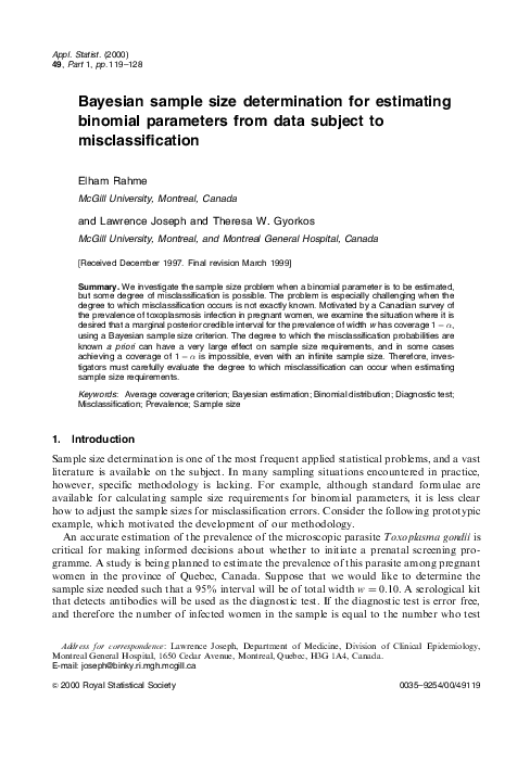 (PDF) Bayesian sample size determination for estimating binomial parameters from data subject to ...