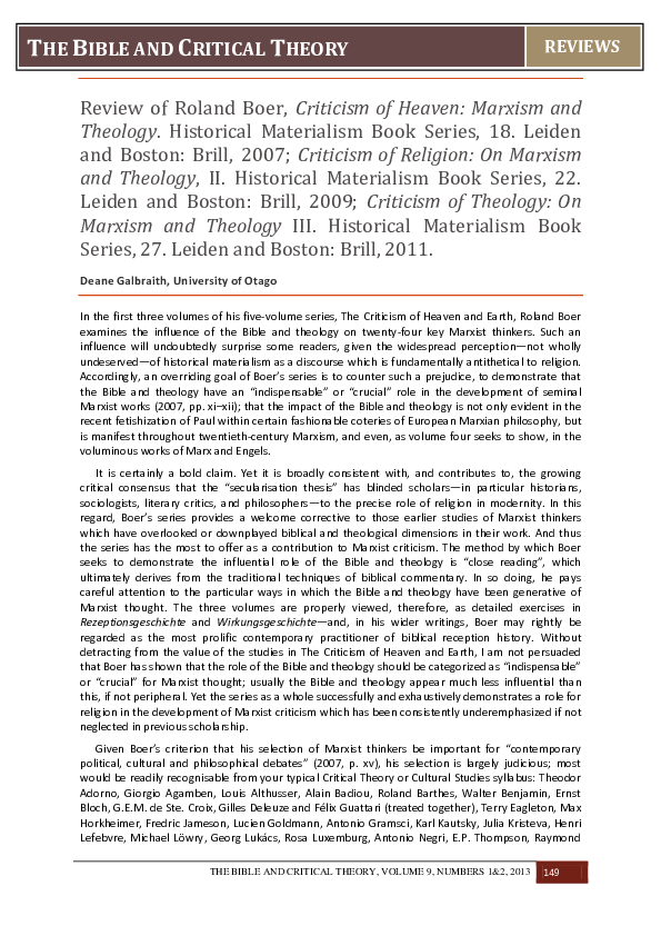 (PDF) Review of Roland Boer, Criticism of Heaven; Criticism of Religion ...