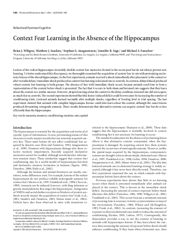 (PDF) Context fear learning in the absence of the hippocampus