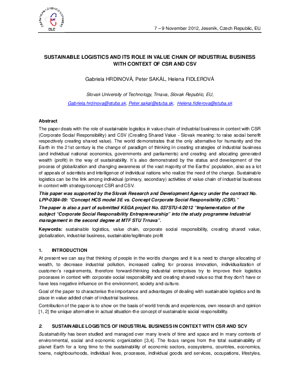 (PDF) SUSTAINABLE LOGISTICS AND ITS ROLE IN VALUE CHAIN OF INDUSTRIAL ...