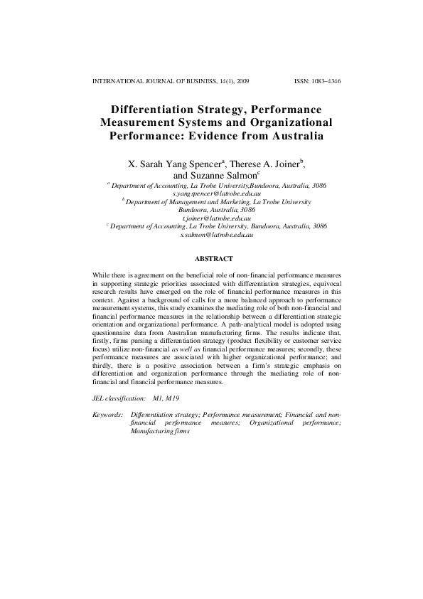 (PDF) Differentiation Strategy, Performance Measurement Systems and ...