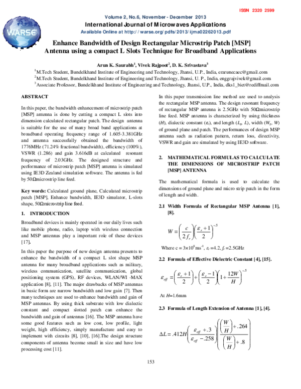 Pdf Enhance Bandwidth Of Design Rectangular Microstrip Patch Msp Antenna Using A Compact L