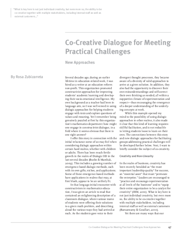 (PDF) Co-creative dialogue for meeting practical challenges: New approaches