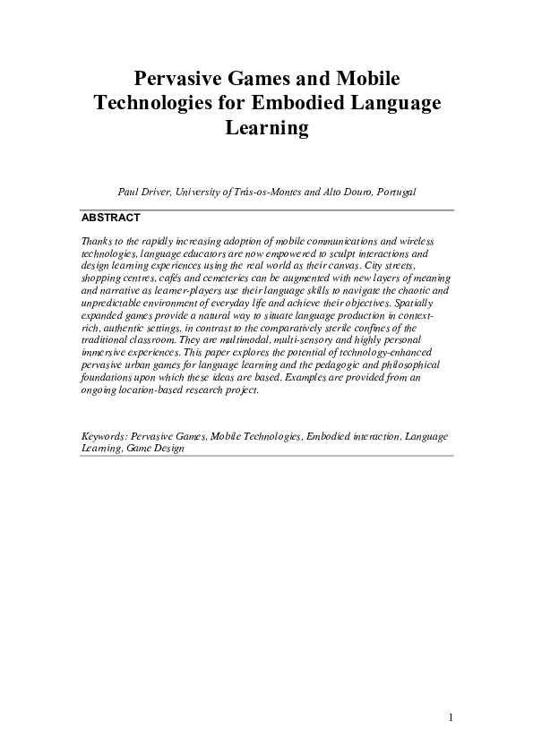 (PDF) Pervasive Games and Mobile Technologies for Embodied Language Learning