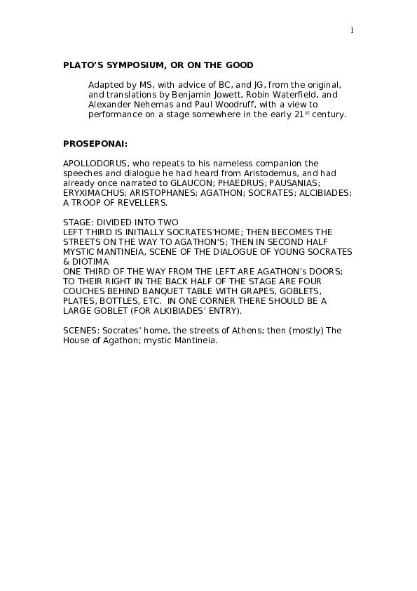 (DOC) Plato's Symposium, adapted for stage