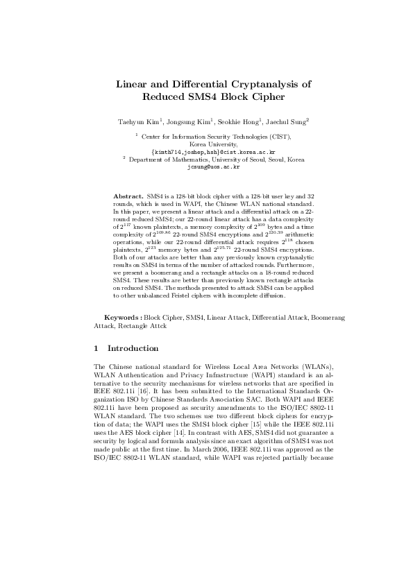 (PDF) Linear and Difierential Cryptanalysis of Reduced SMS4 Block Cipher