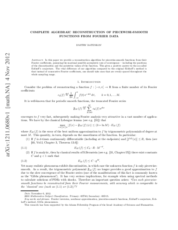 Pdf Complete Algebraic Reconstruction Of Piecewise Smooth Functions From Fourier Data Dmitry