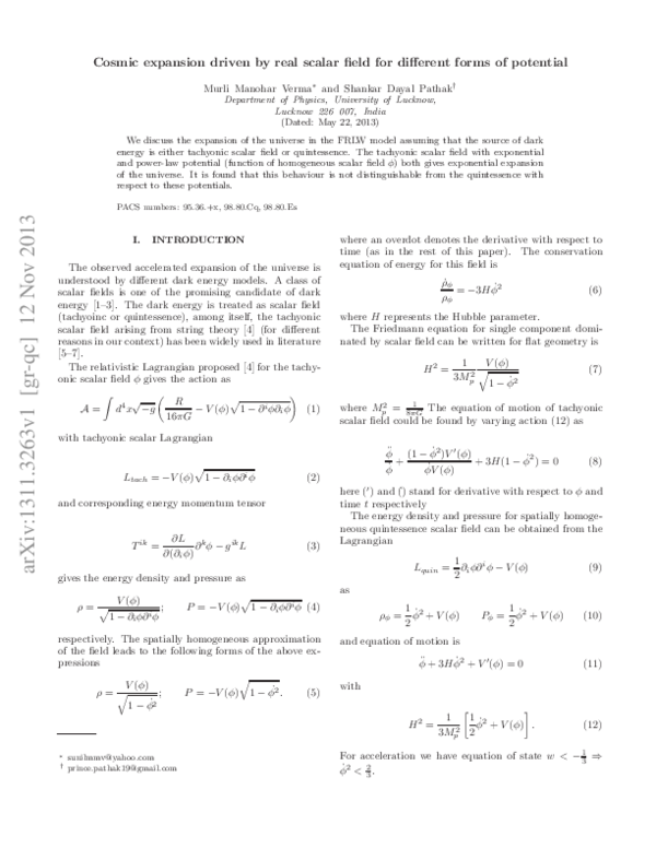 Pdf Cosmic Expansion Driven By Real Scalar Field For Different Forms