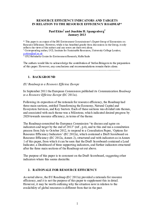(PDF) Resource Efficiency Indicators and Targets in relation to the ...