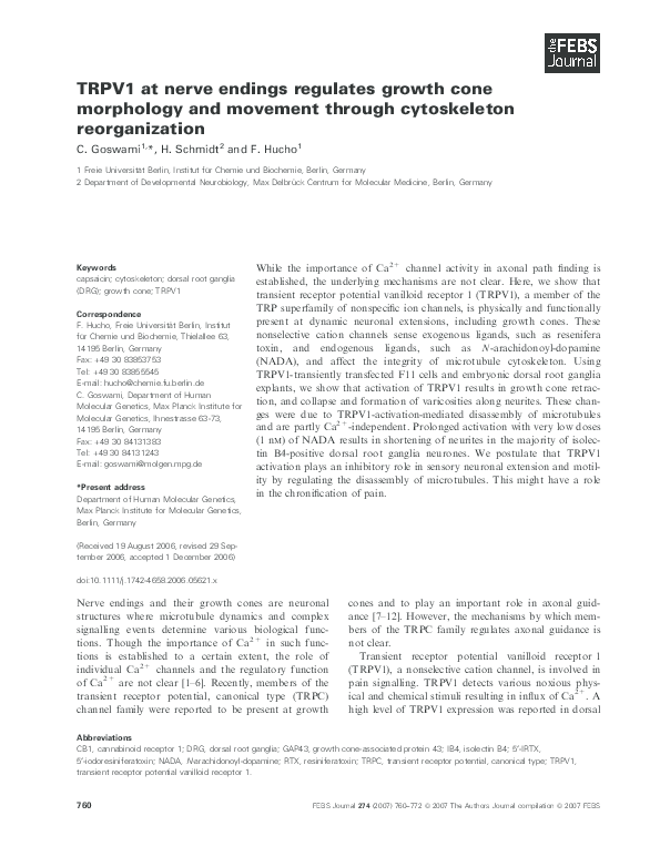 (PDF) Regulation of growth cone morphology and movement by TRPV1 activation