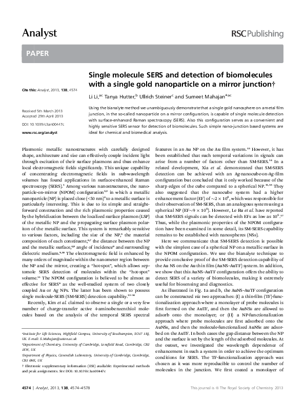 Pdf Single Molecule Sers And Detection Of Biomolecules With A Single Gold Nanoparticle On A