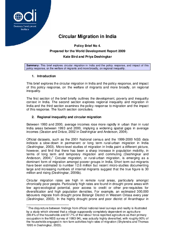(PDF) Circular Migration in India Policy Brief No 4. Prepared for the ...