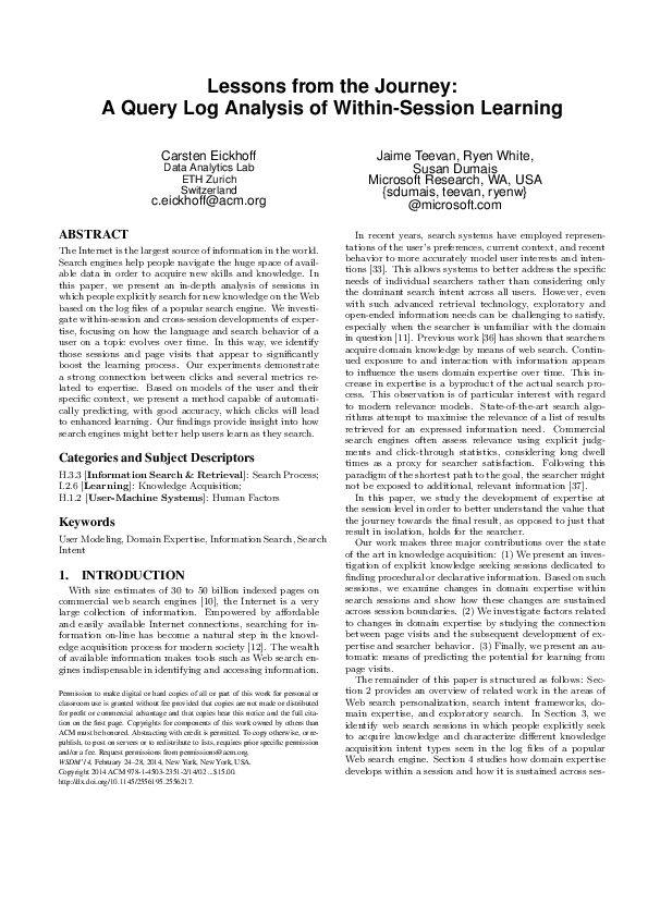 (PDF) Lessons from the Journey: A Query Log Analysis of Within-Session Learning