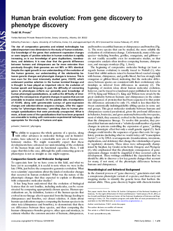 (PDF) 2012-Preuss_Human brain evolution: From gene discovery to ...