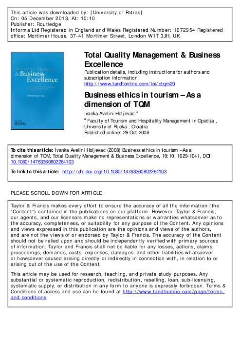 (PDF) Business ethics in tourism – As a dimension of TQM