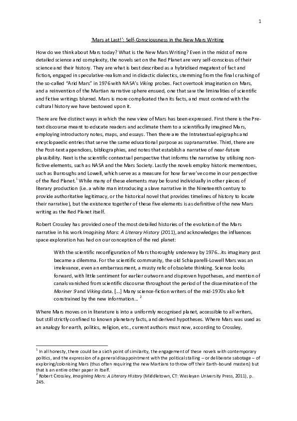 (DOC) "Mars At Last!": Self-Consciousness in the New Mars Writing