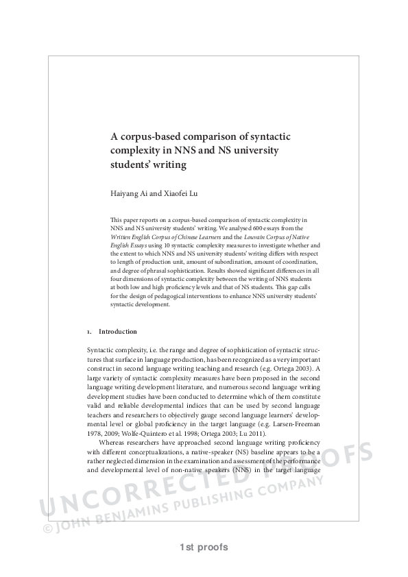Pdf A Corpus Based Comparison Of Syntactic Complexity In Nns And Ns