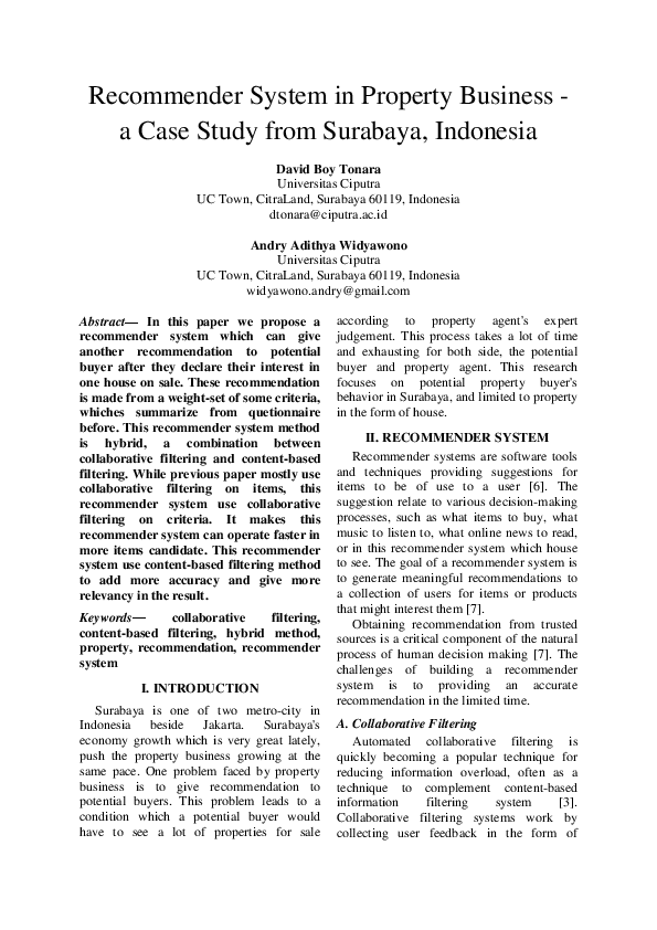 (PDF) Recommender System in Property Business - A Case Study from ...