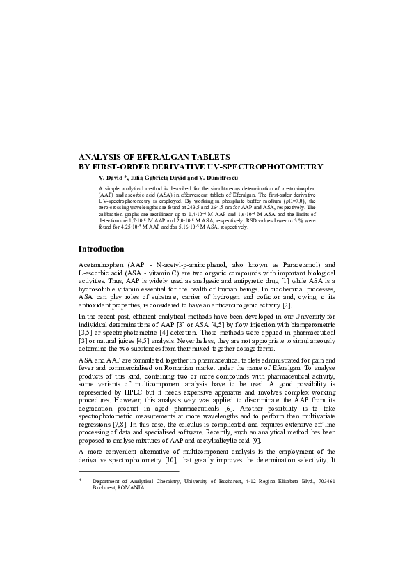 Pdf Analysis Of Eferalgan Tablets By First Order Derivative Uv Spectrophotometry