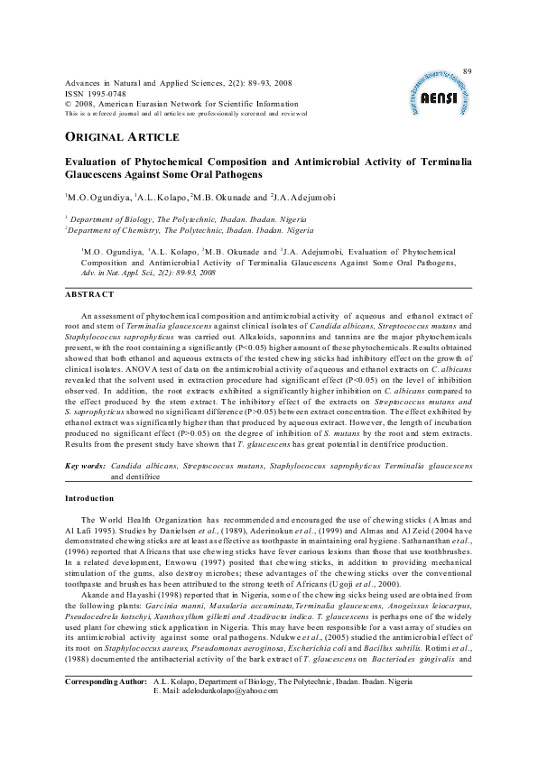(PDF) Evaluation of phytochemical composition and antimicrobial activity of Terminalia glaucescens