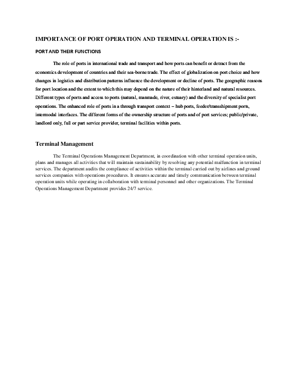 (DOC) IMPORTANCE OF PORT OPERATION AND TERMINAL OPERATION IS