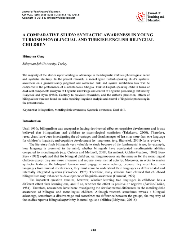 A Comparative Study: Syntactic Awareness in Young Turkish Monolingual and Turkish-English ...