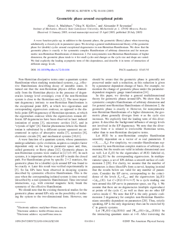 (PDF) Geometric phase around exceptional points