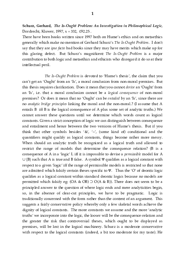 (PDF) Review of The Is-Ought Problem by Gerhard Schurz